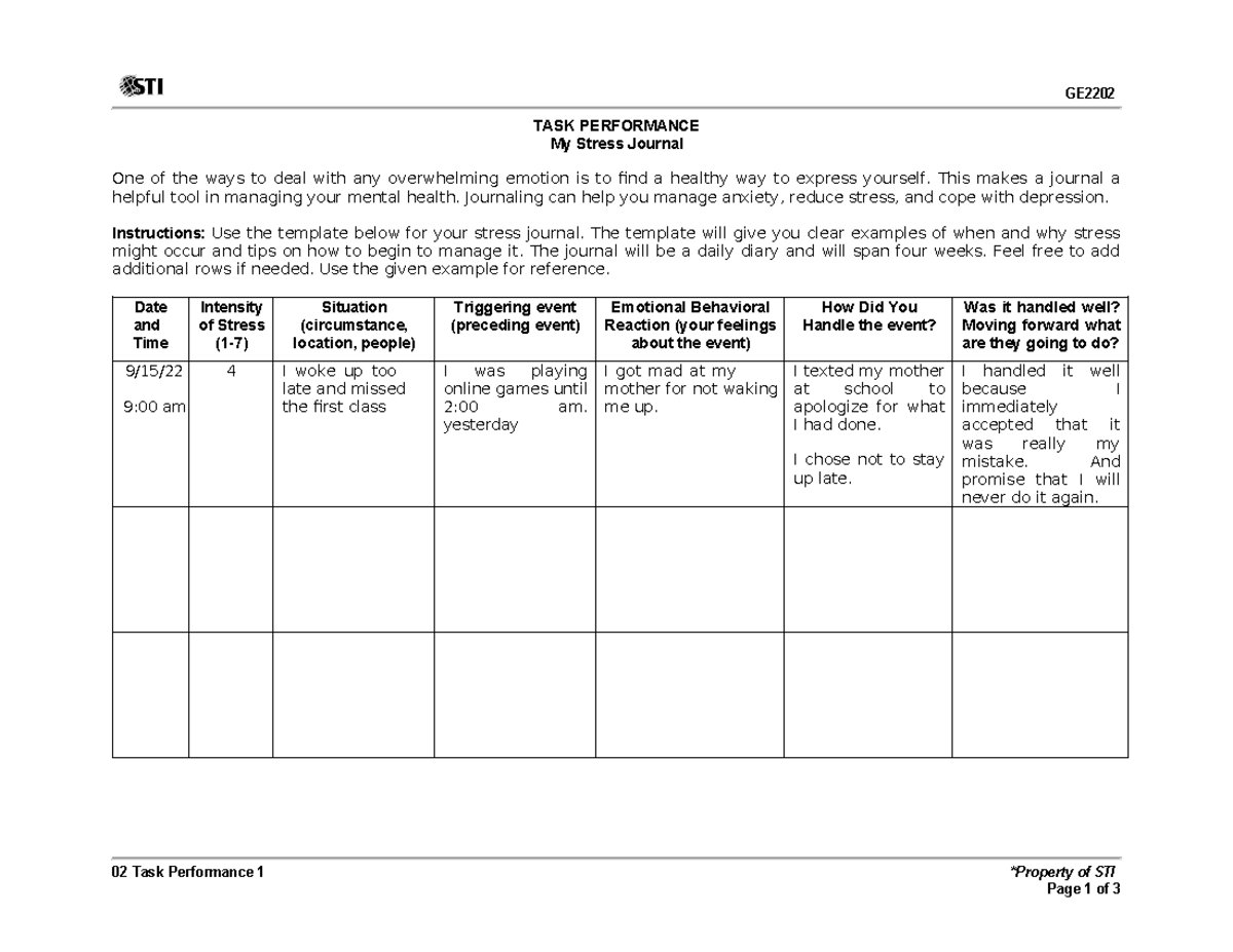 My-stress-journal - BSHM - GE 02 Task Performance 1 *Property of STI ...