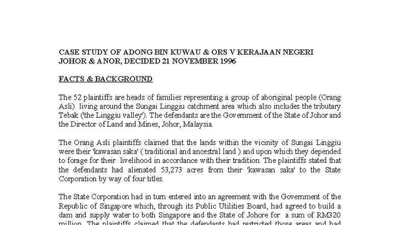 Summary Adong BING Kuwan - CASE STUDY OF ADONG BIN KUWAU & ORS V ...