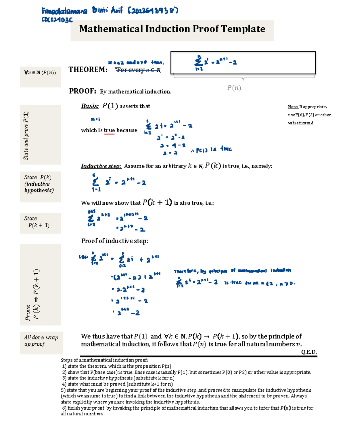Tutorial Mathematical Induction Proof Template - Note: If appropriate ...