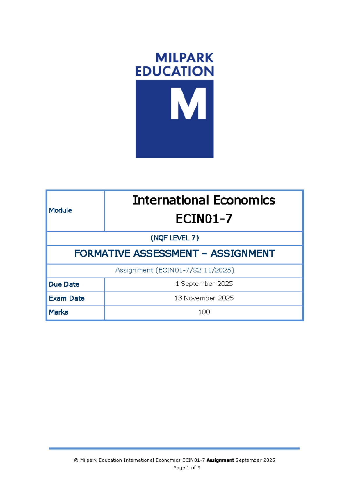 International Economics Formative Assessment (ECIN01-7) - Sept 2025 ...