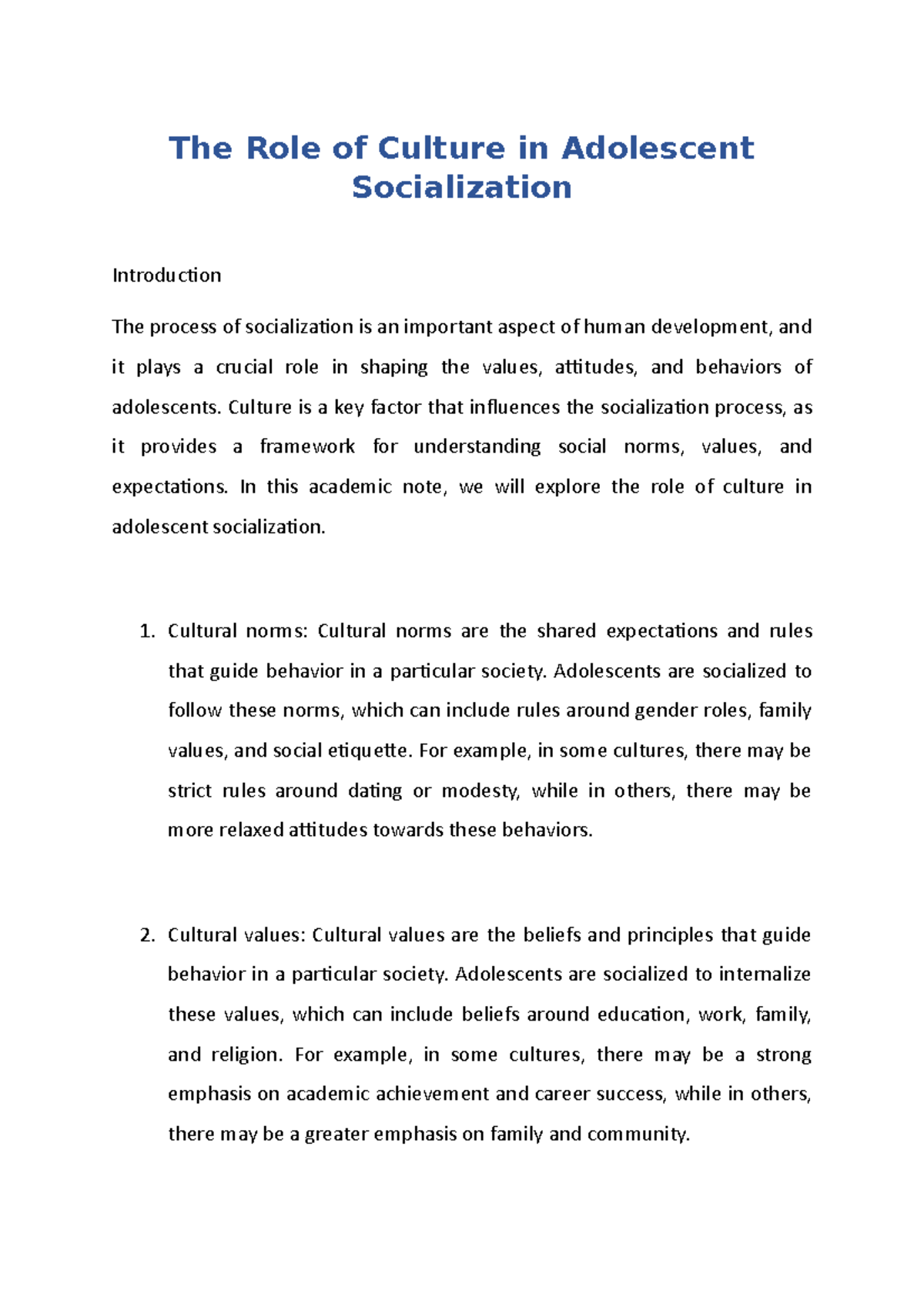 The Role of Culture in Adolescent Socialization - The Role of Culture ...