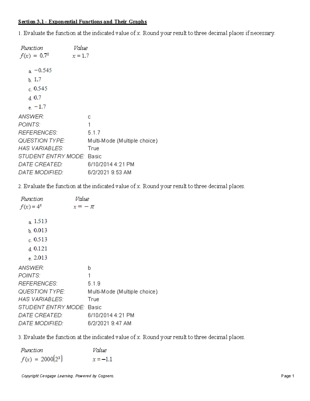 TEST bank - math - 1. Evaluate the function at the indicated value of x ...