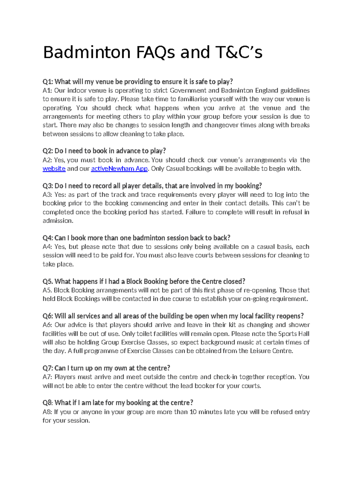Badminton FAQs: Safety Guidelines & Booking Info (May 2021) - Studocu