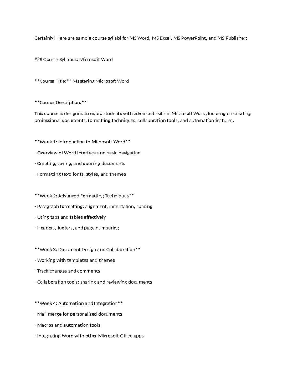 Course Syllabus for MS Word: Mastering Advanced Features - Studocu