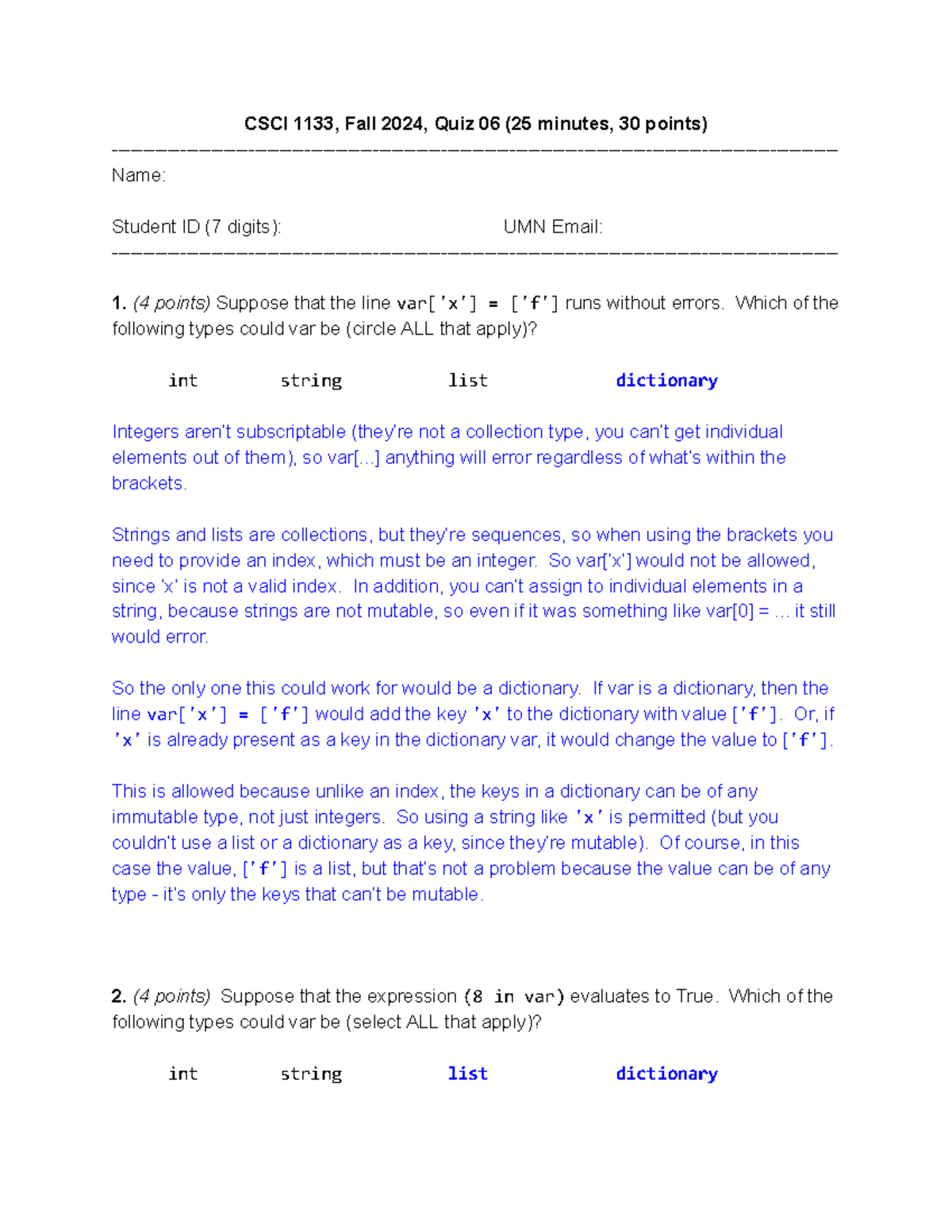 Practice Quiz 6 Solutions - CSCI 1133, Fall 2024, Quiz 06 (25 minutes ...
