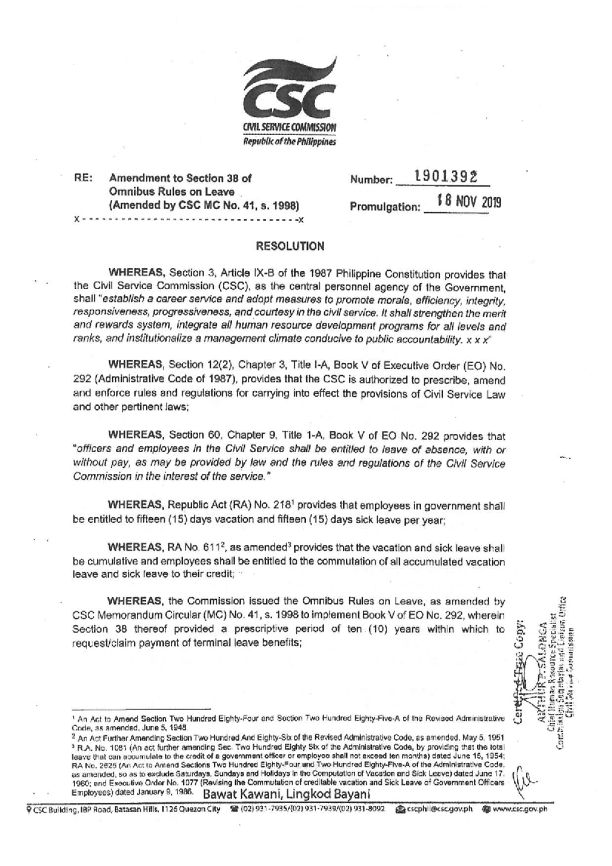 CSC Resolution No. 1901392: Amendment to Omnibus Rules on Leave - Studocu