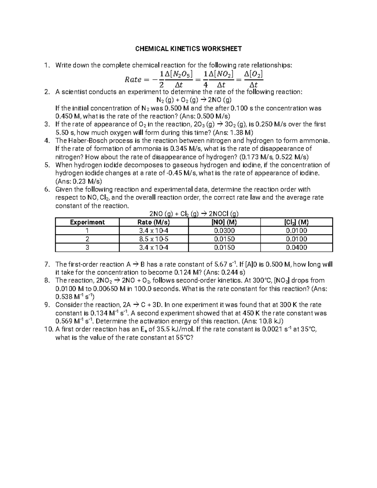 Assignment 3 - Kinetics - CHEMICAL KINETICS WORKSHEET Write down the ...