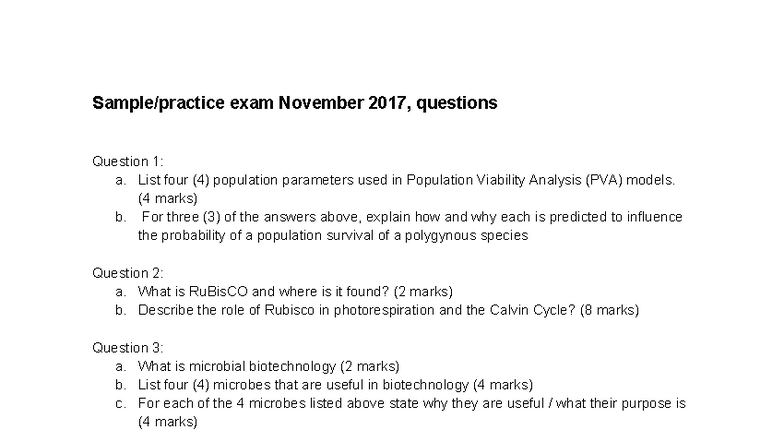BIOL1007 Final Exam Sample Questions - Nov 2017 - Studocu