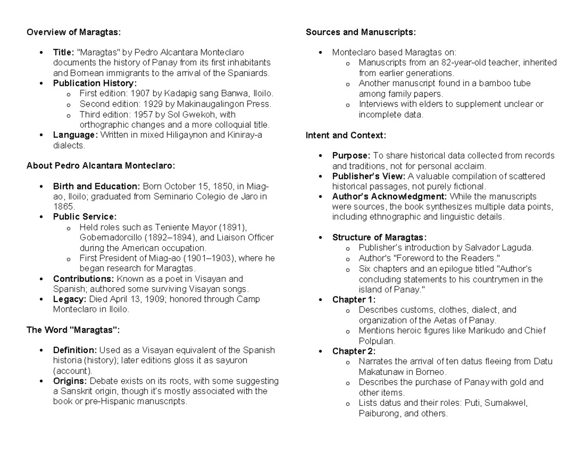 "Overview of Maragtas: History and Legacy of Panay - HST101" - Studocu