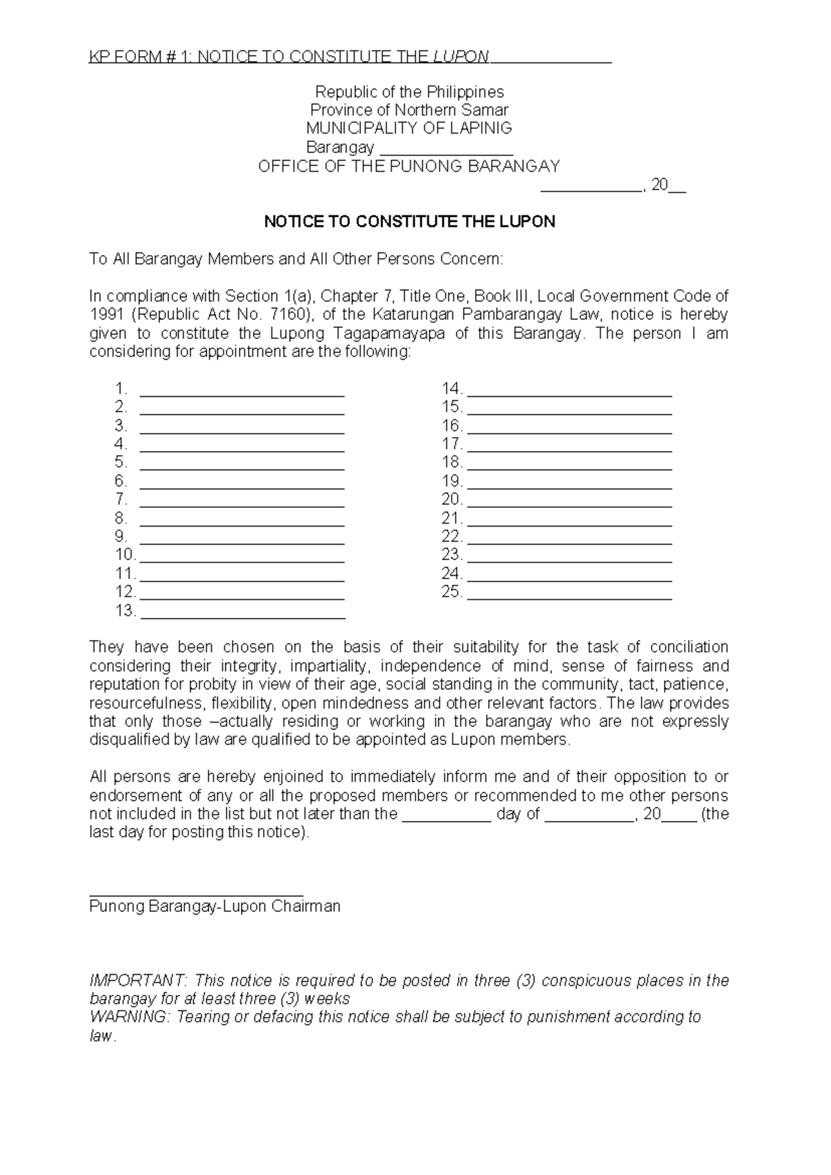 KP FORMs: Procedures for Lupong Tagapamayapa Appointments and Hearings ...