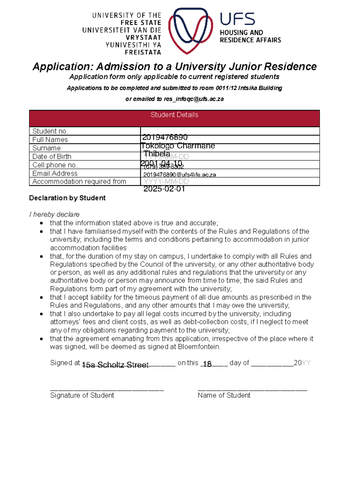 Application form junior residences - Application: Admission to a ...
