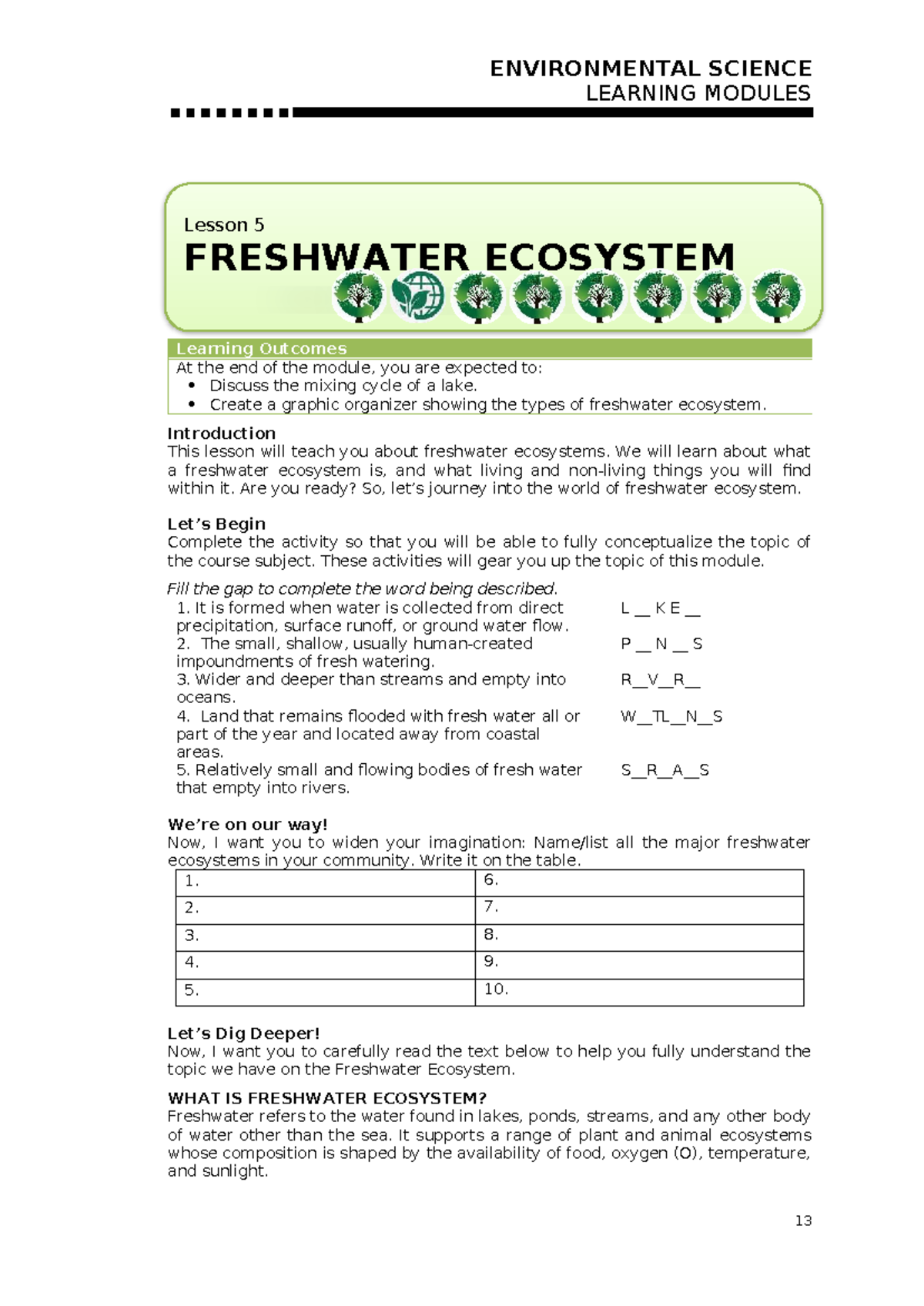 ENVIRONMENTAL SCIENCE MODULE 2: Lesson 5 - Freshwater Ecosystems - Studocu