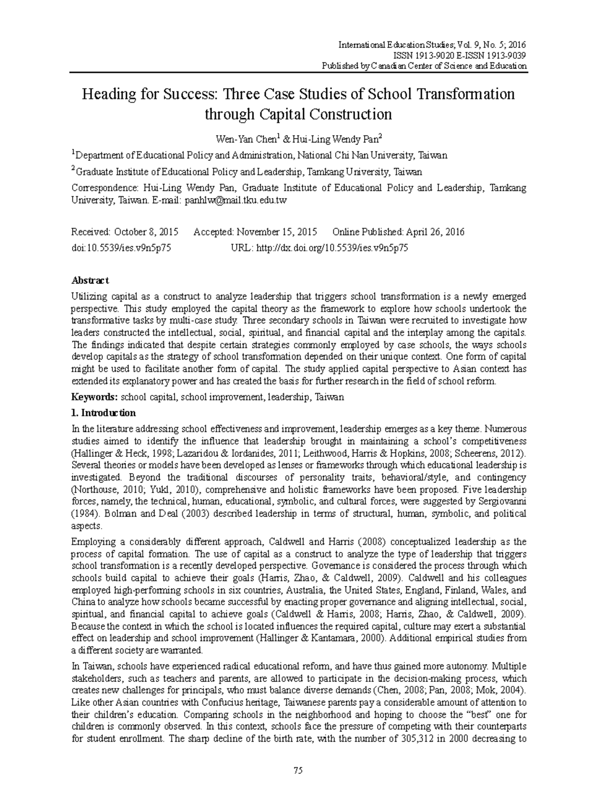 Case Studies of School Transformation in Taiwan: Leadership & Capital ...
