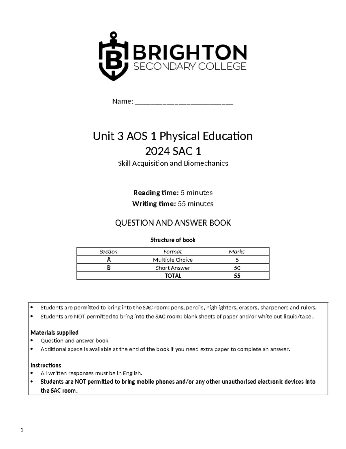 Unit 3 AOS 1 PE 2024 SAC 1: Skill Acquisition & Biomechanics Practice ...