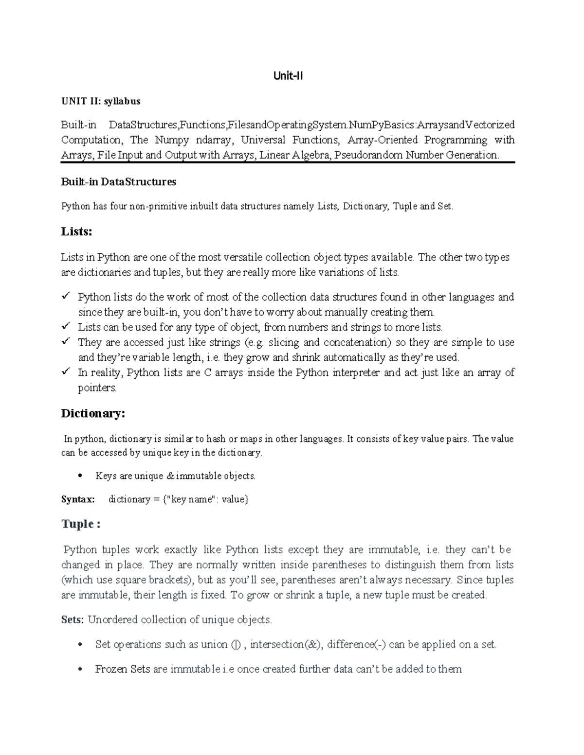 Unit II: Data Structures and NumPy Basics (CS101) - Studocu