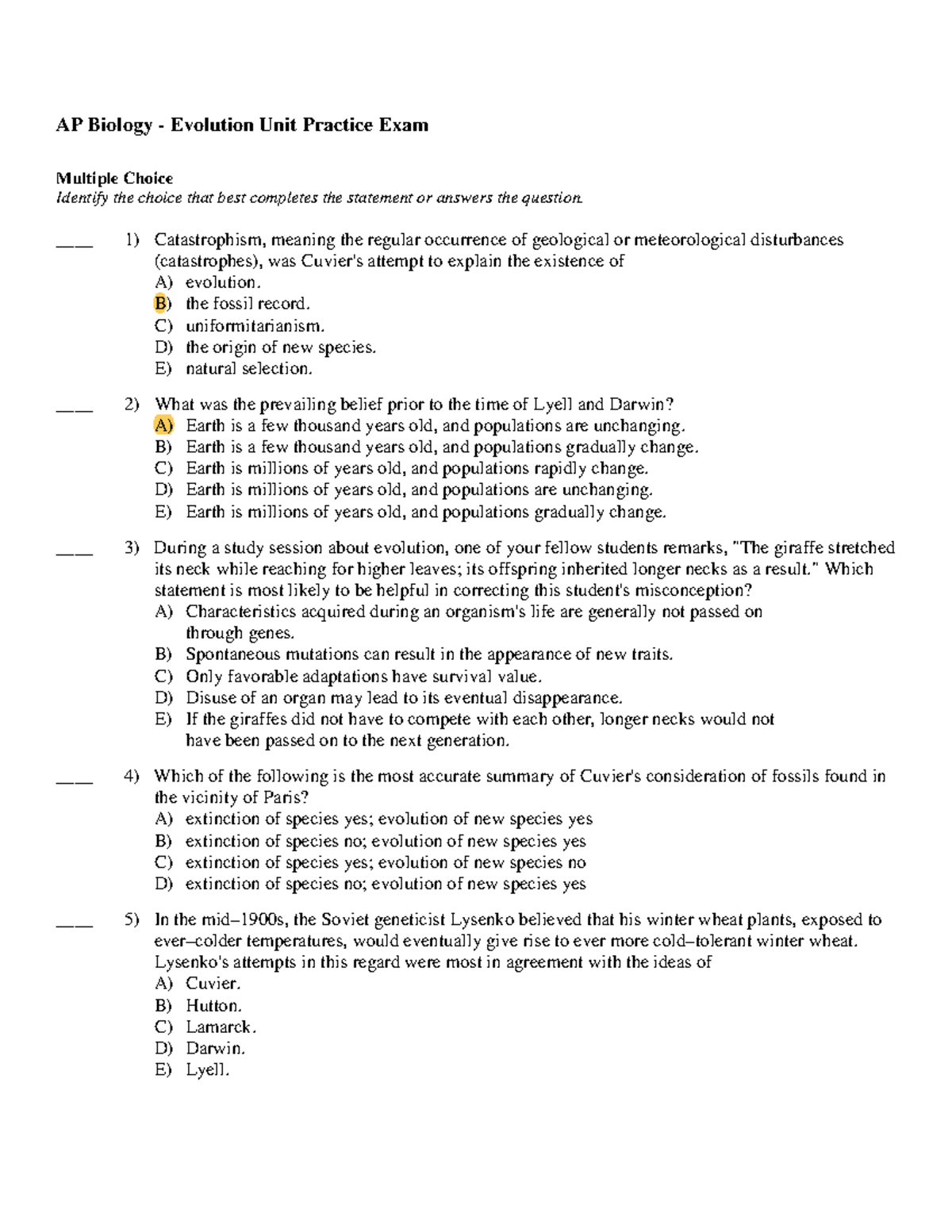 AP Biology: Evolution Unit Practice Exam 1 Questions and Answers - Studocu