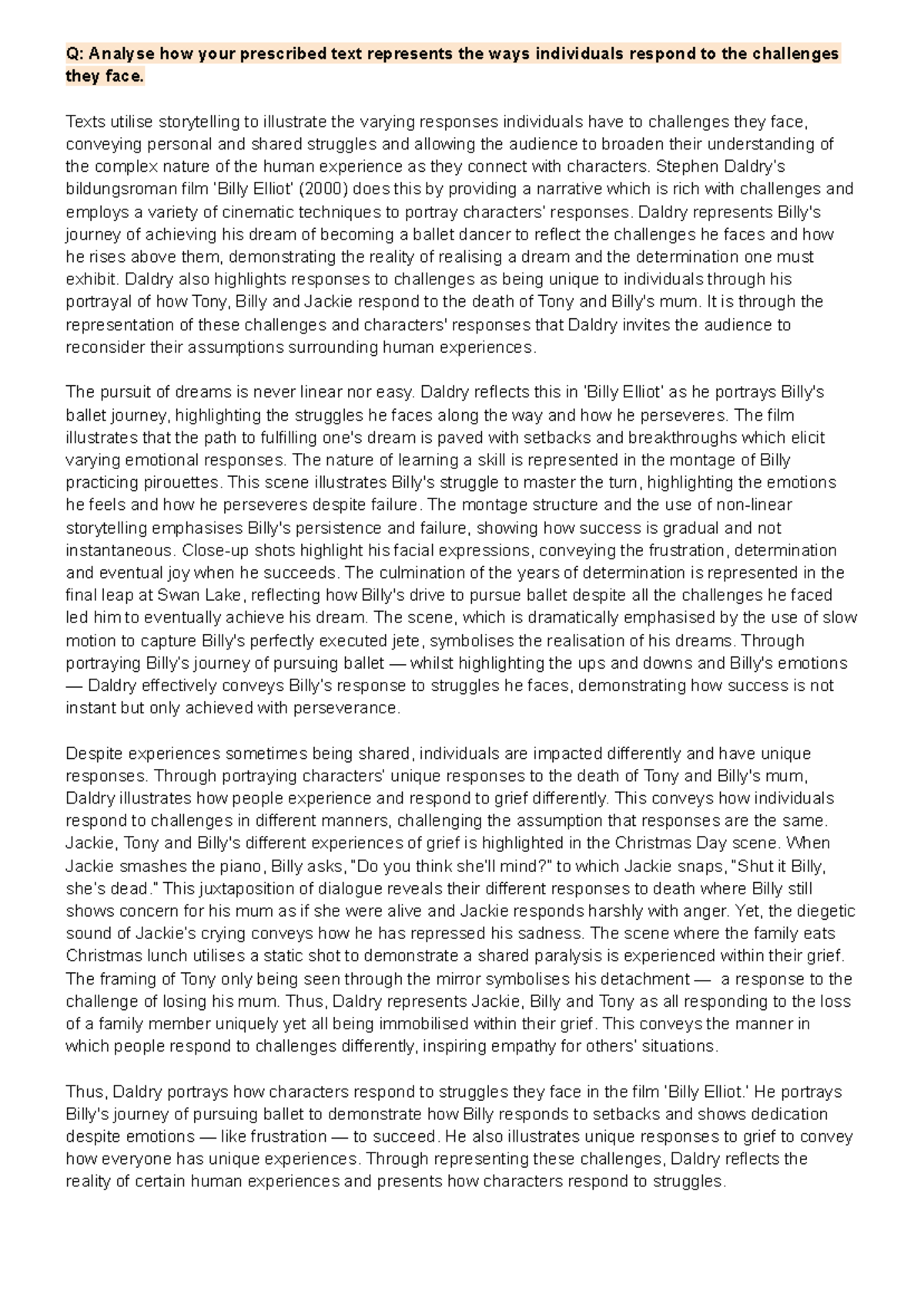 HSC English Common Module: Billy Elliot Essay Analysis on Individual ...