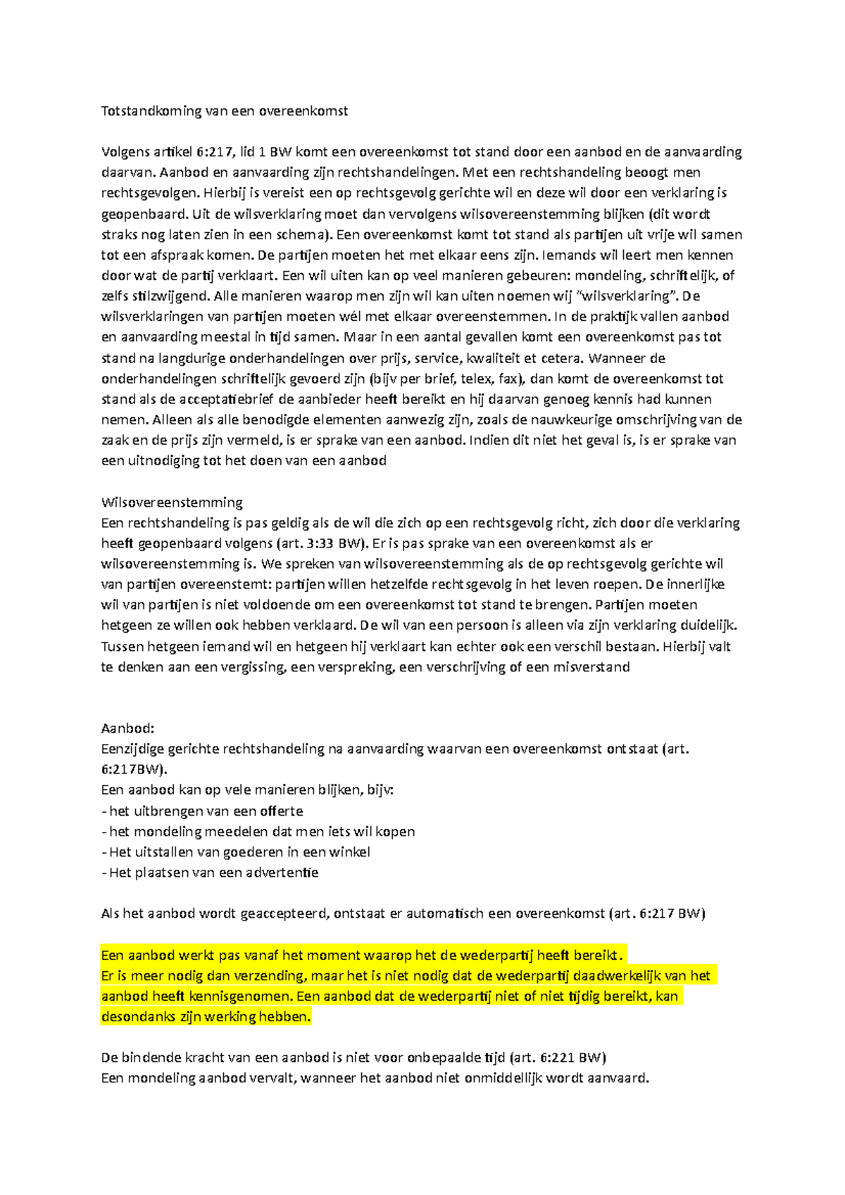 Aanbod en aanvaarding - College-aantekeningen 1 (Rechtspsychologie ...