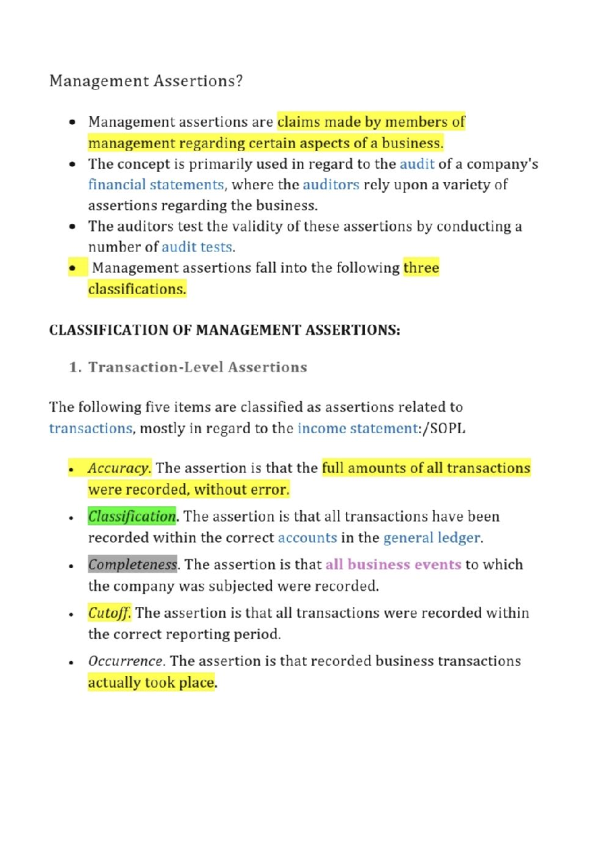 Auditing Management Assertions: Key Concepts and Classifications - Studocu