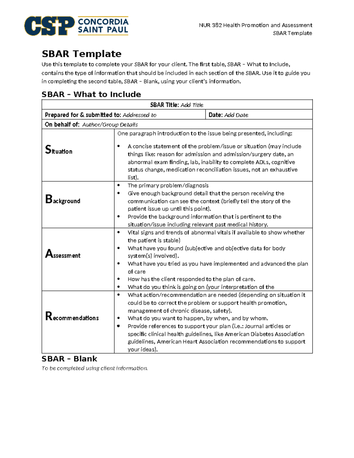 NUR 382 SBAR Template for Patient Harold Stevens: Heart Failure ...