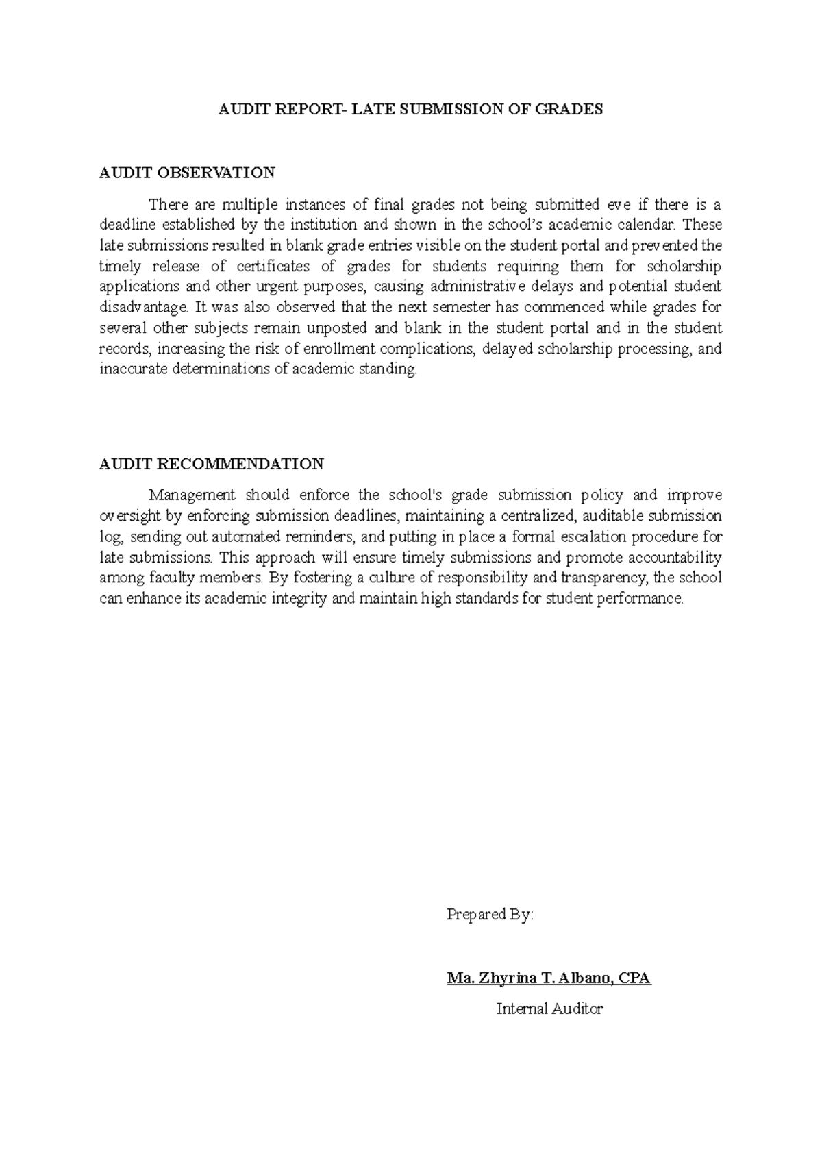 AUDIT REPORT: Late Submission of Grades & Recommendations - Studocu