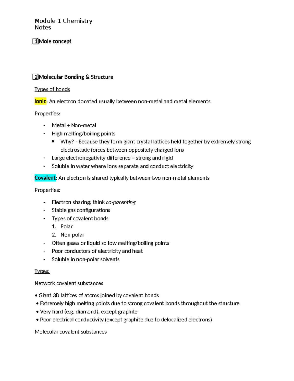 Module 1 Chemistry Notes: Bonding, Molecular Structures & Forces - Studocu
