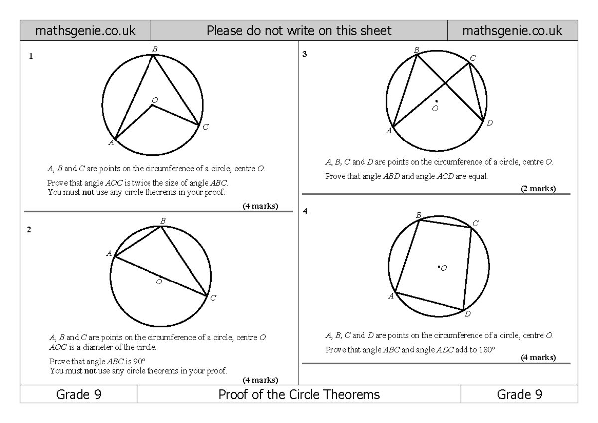 9 proof of circle theorems ws - mathsgenie.co Grade 9 Proof of the ...