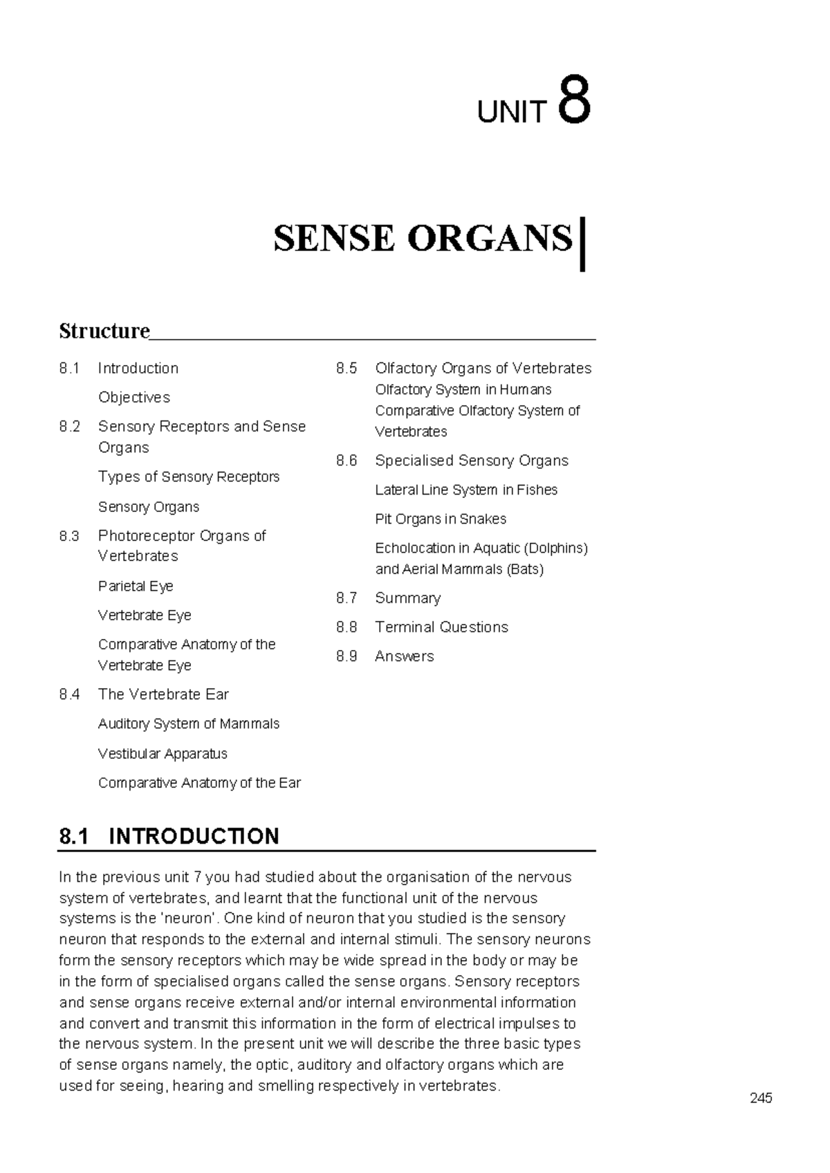 Unit 8: Understanding Sense Organs and Their Functions in Vertebrates ...