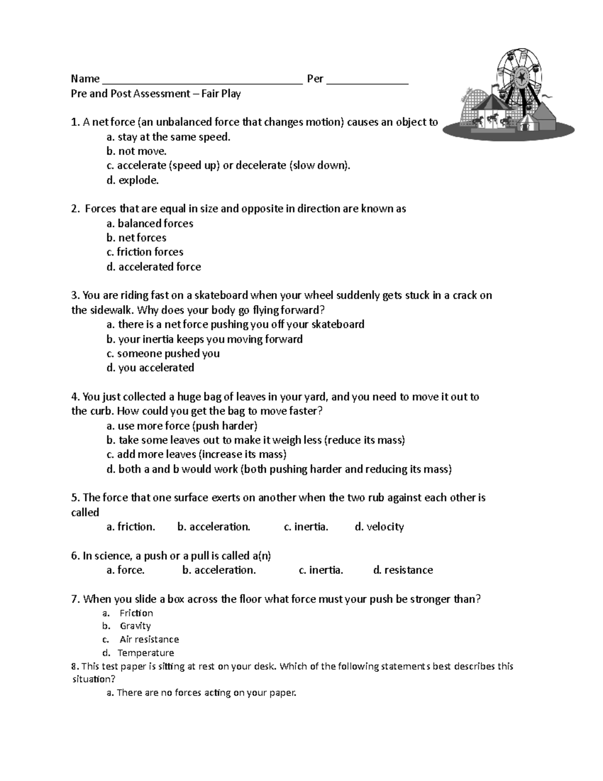 Pre and Post Assessment - Name __________________________________ Per ...