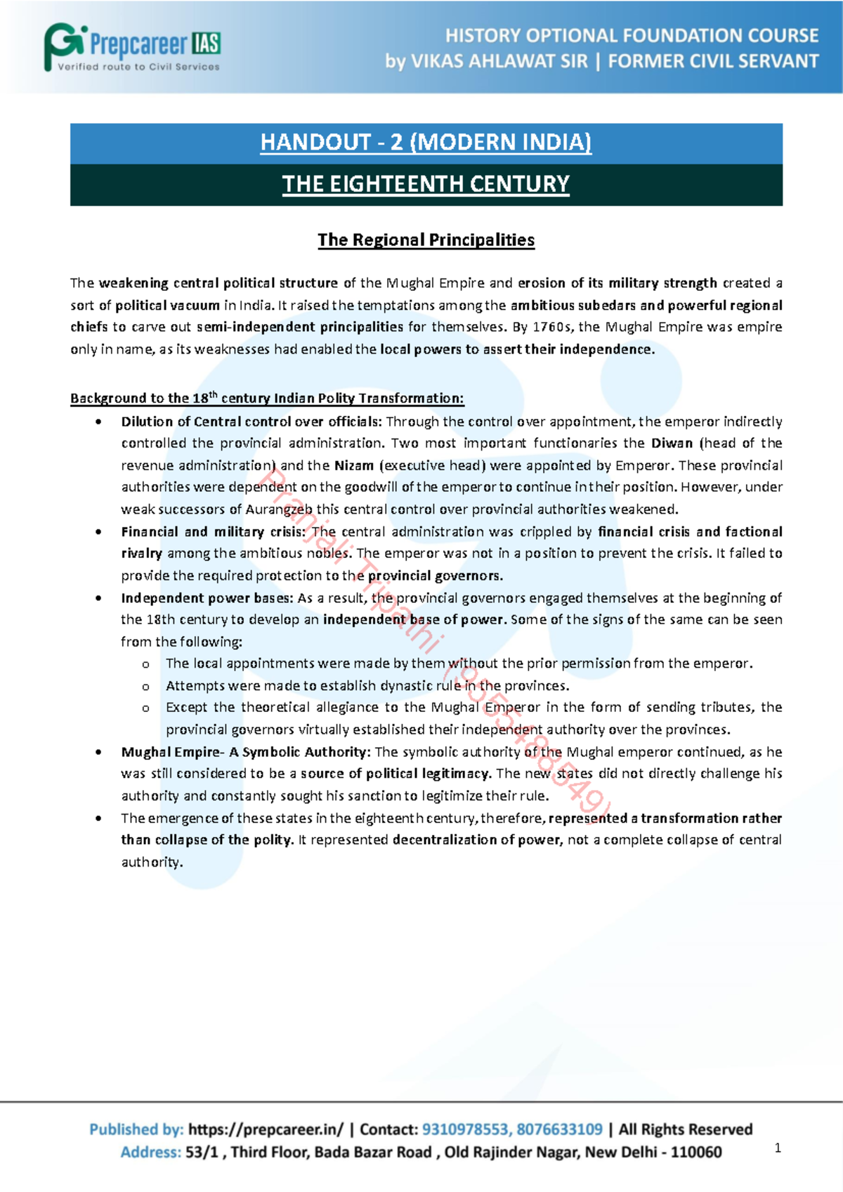 Handout 2: The Eighteenth Century in Modern India - Regional ...