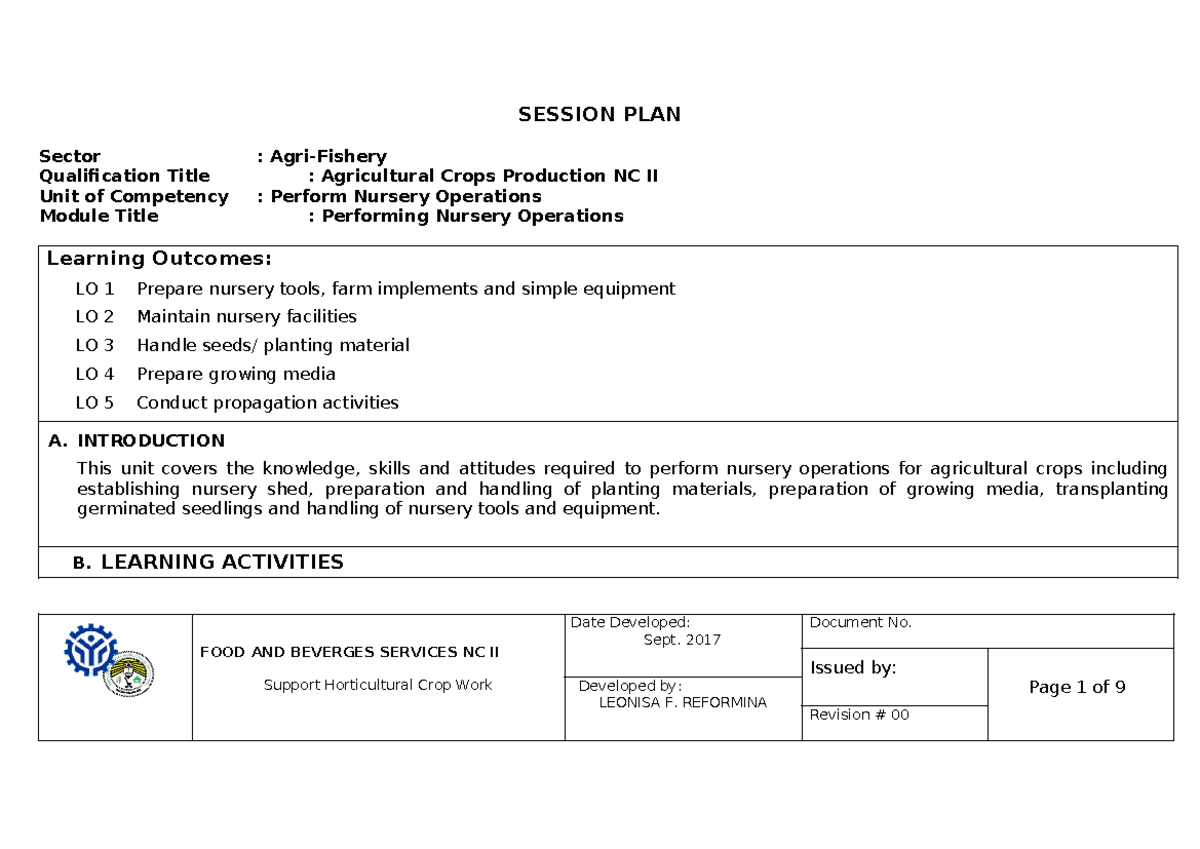 Session plan - SESSION PLAN Sector : Agri-Fishery Qualification Title ...