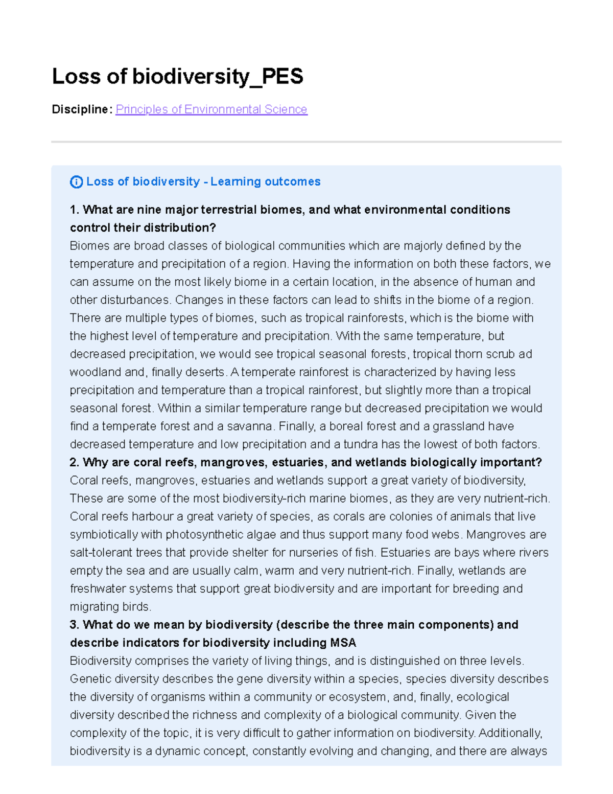 Loss of Biodiversity: Key Concepts in PES - Principles of Environmental ...