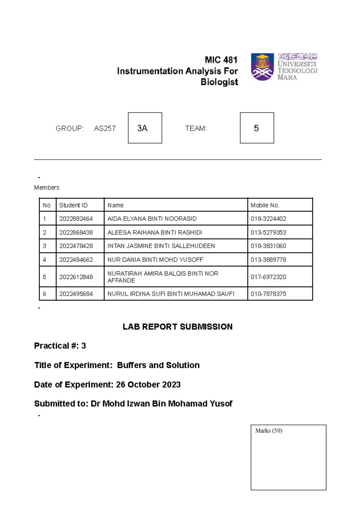 MIC481 Lab Report on Buffers and Solutions - Experiment 3 Group 5 - Studocu