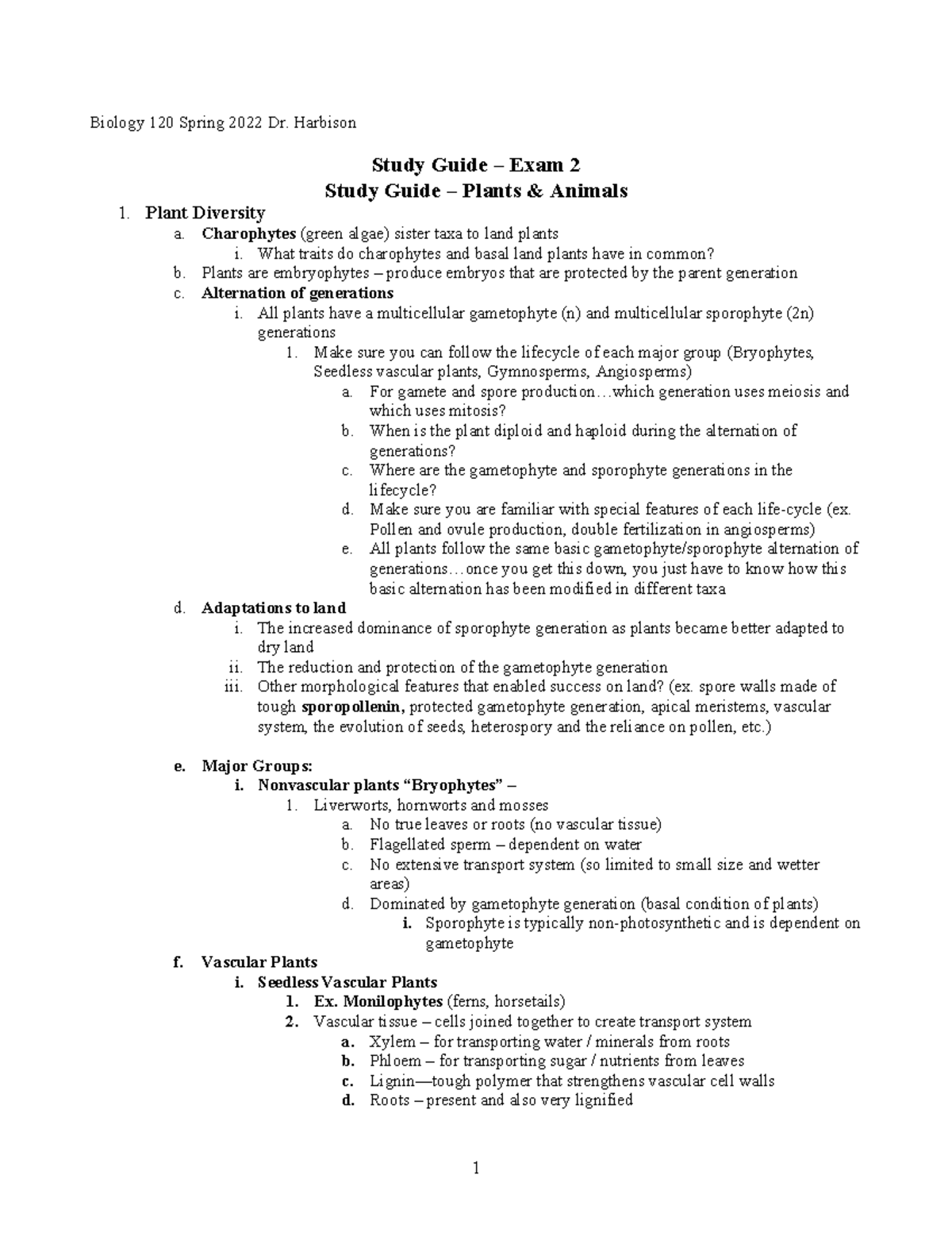 Biology 120 Spring 2022 – Study Guide for Exam 2: Plant & Animal ...