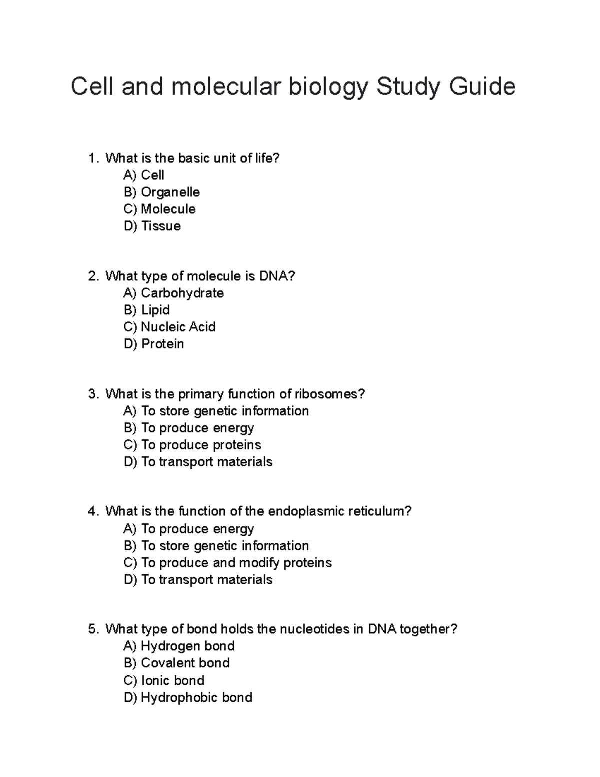 Cell and molecular biology Study Guide - Studocu