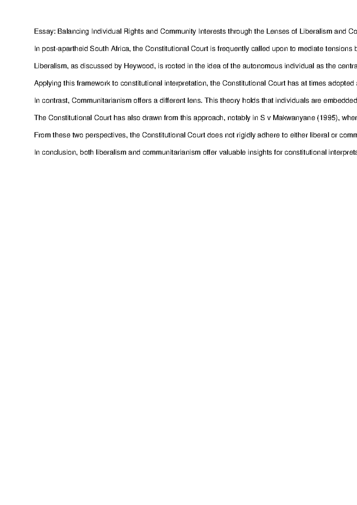Essay: Individual Rights vs Community Interests in South Africa (LAW ...