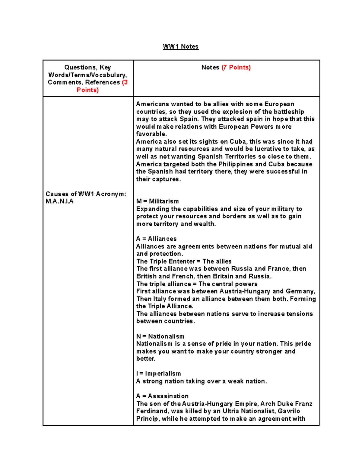 WW1 Cornell Notes: Key Causes, Events, and Impacts (APUSH) - Studocu