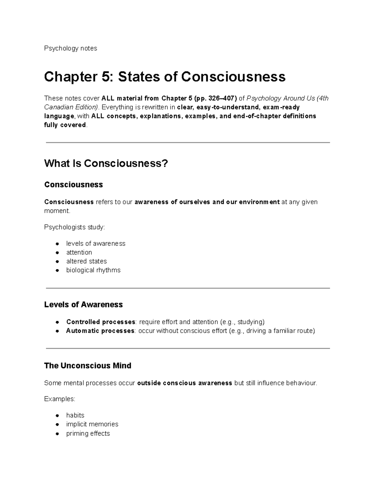 Psychology Notes: Chapter 5 - States of Consciousness (PSY101) - Studocu