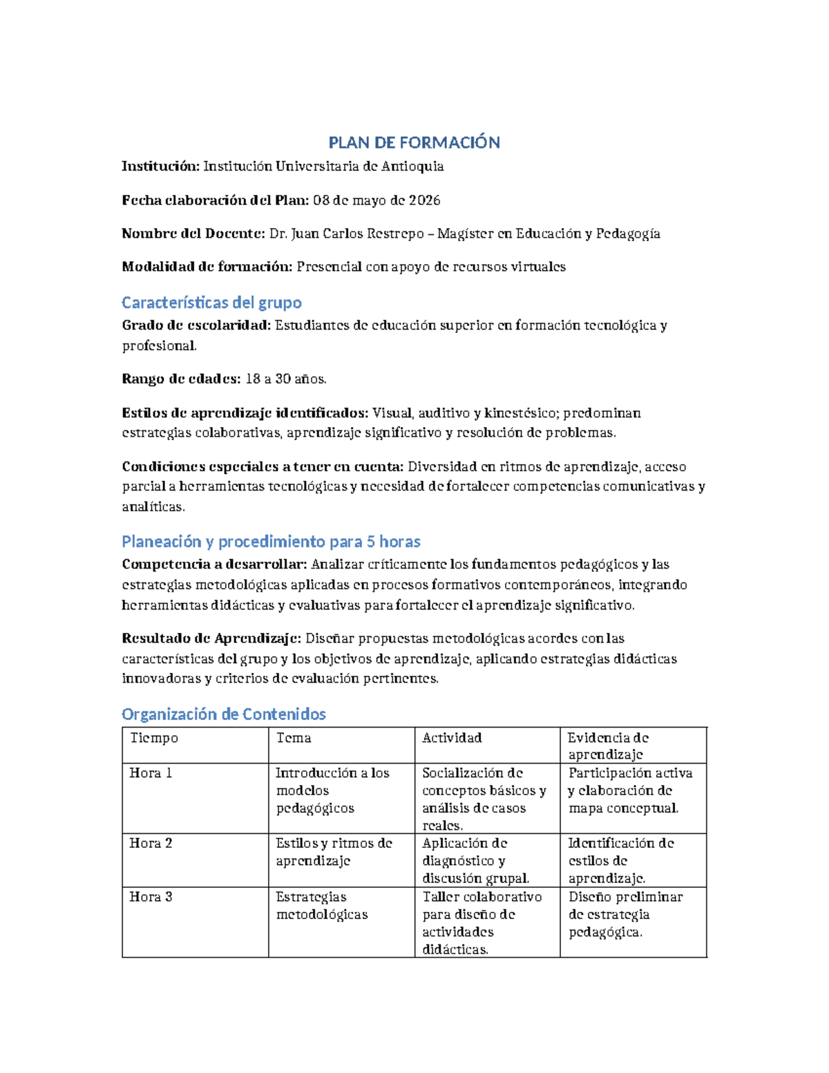 Plan de Formación - Apuntes de Educación Superior - Studocu