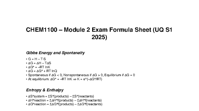 CHEM1100 S1 2025 Module 2 Exam Formula Sheet on Gibbs Energy - Studocu