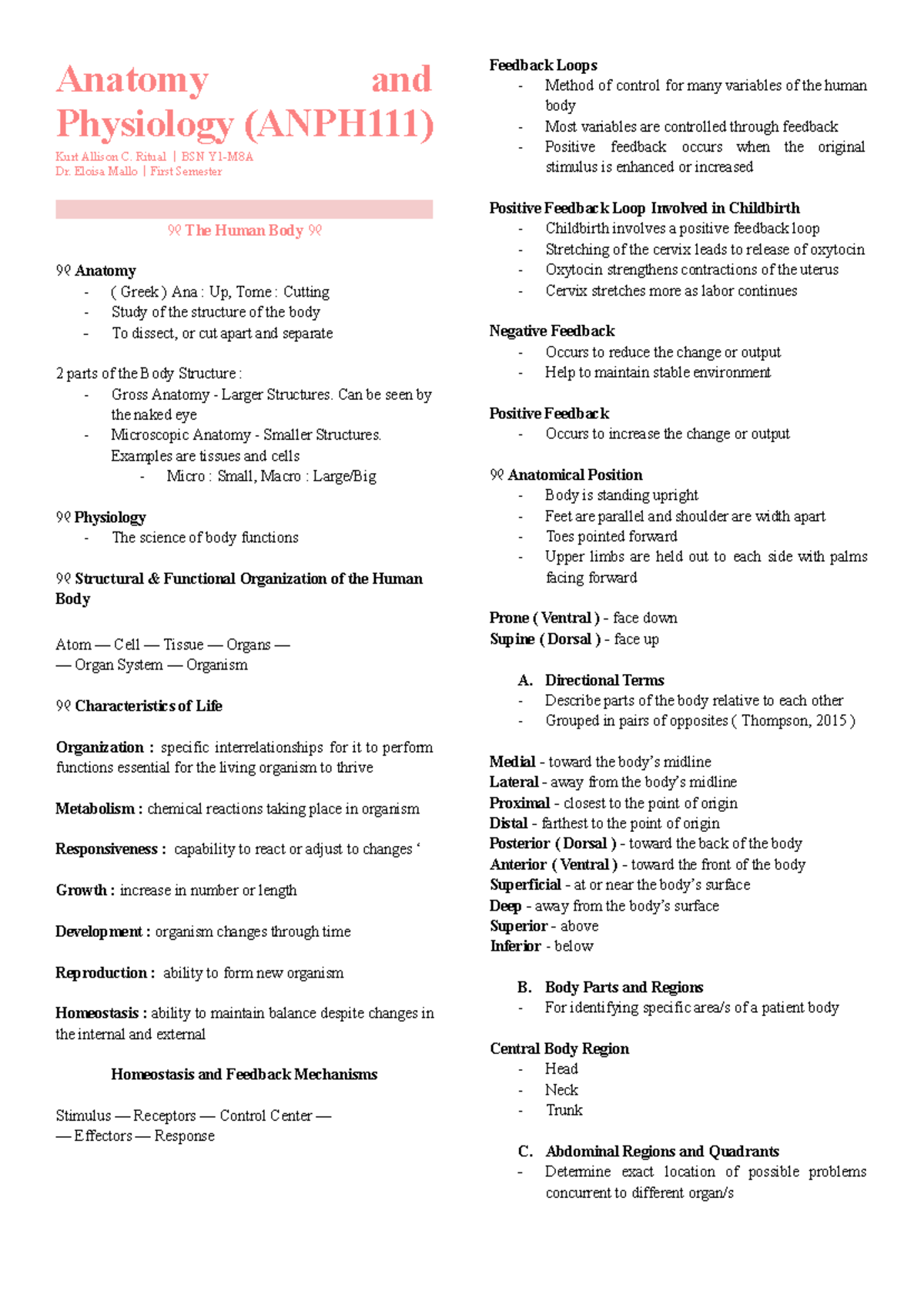 Anatomy & Physiology Overview for ANPH111: Key Concepts and Structures ...