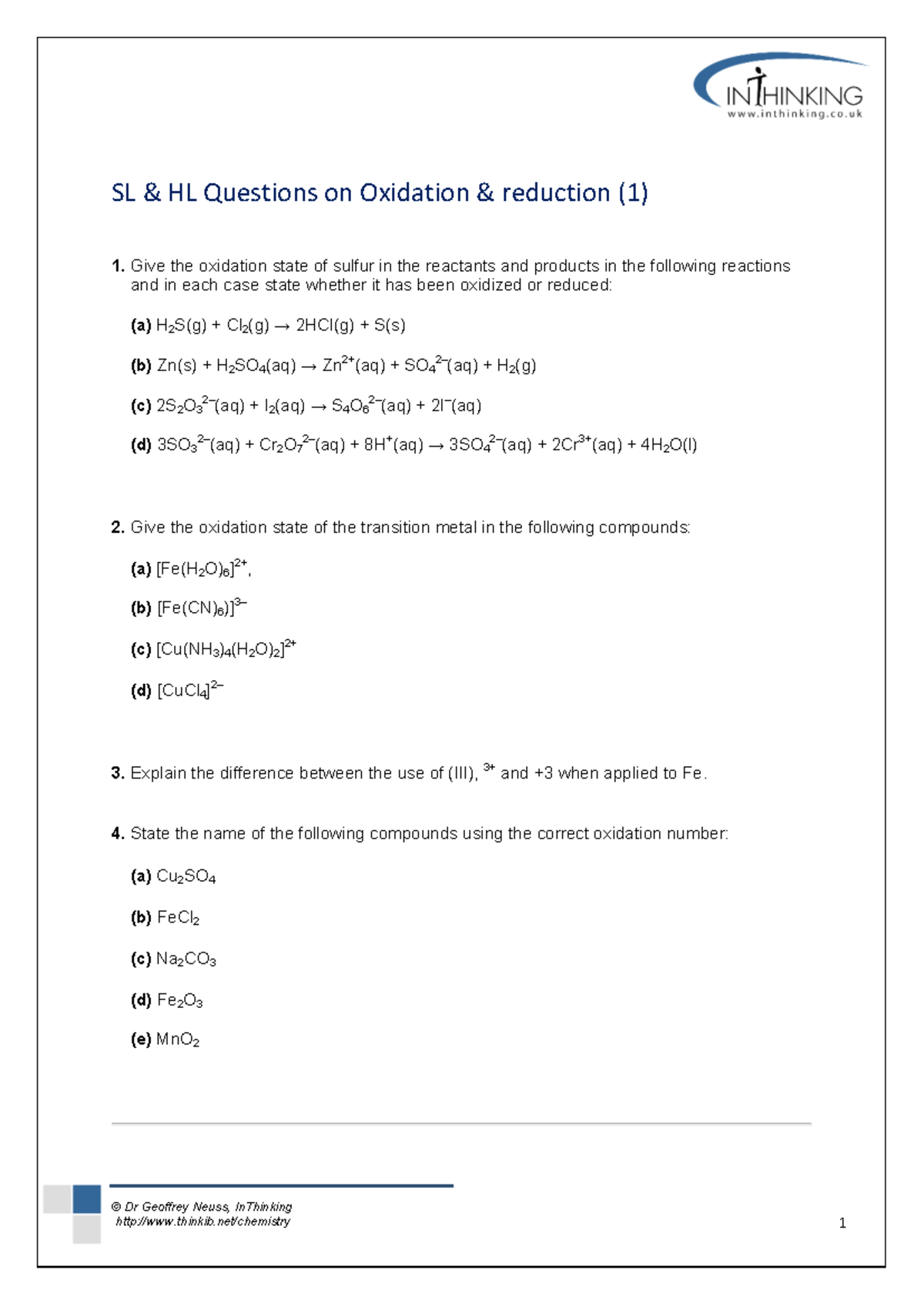 SL HL Oxidation-Reduction Questions and Oxidation States Analysis - Studocu