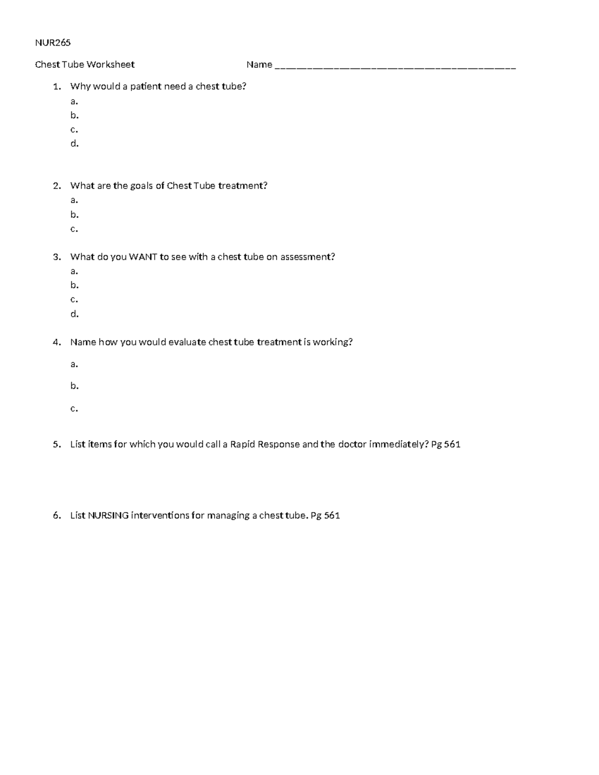 Chest Tube Worksheet pre-lab 9 - NUR Chest Tube Worksheet Name - Studocu