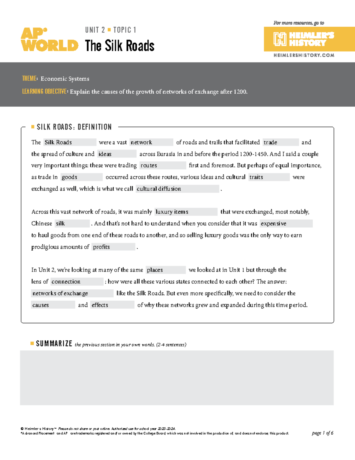 AP World Unit 2 Topic 1 Noteguide: The Silk Roads and Economic Growth ...