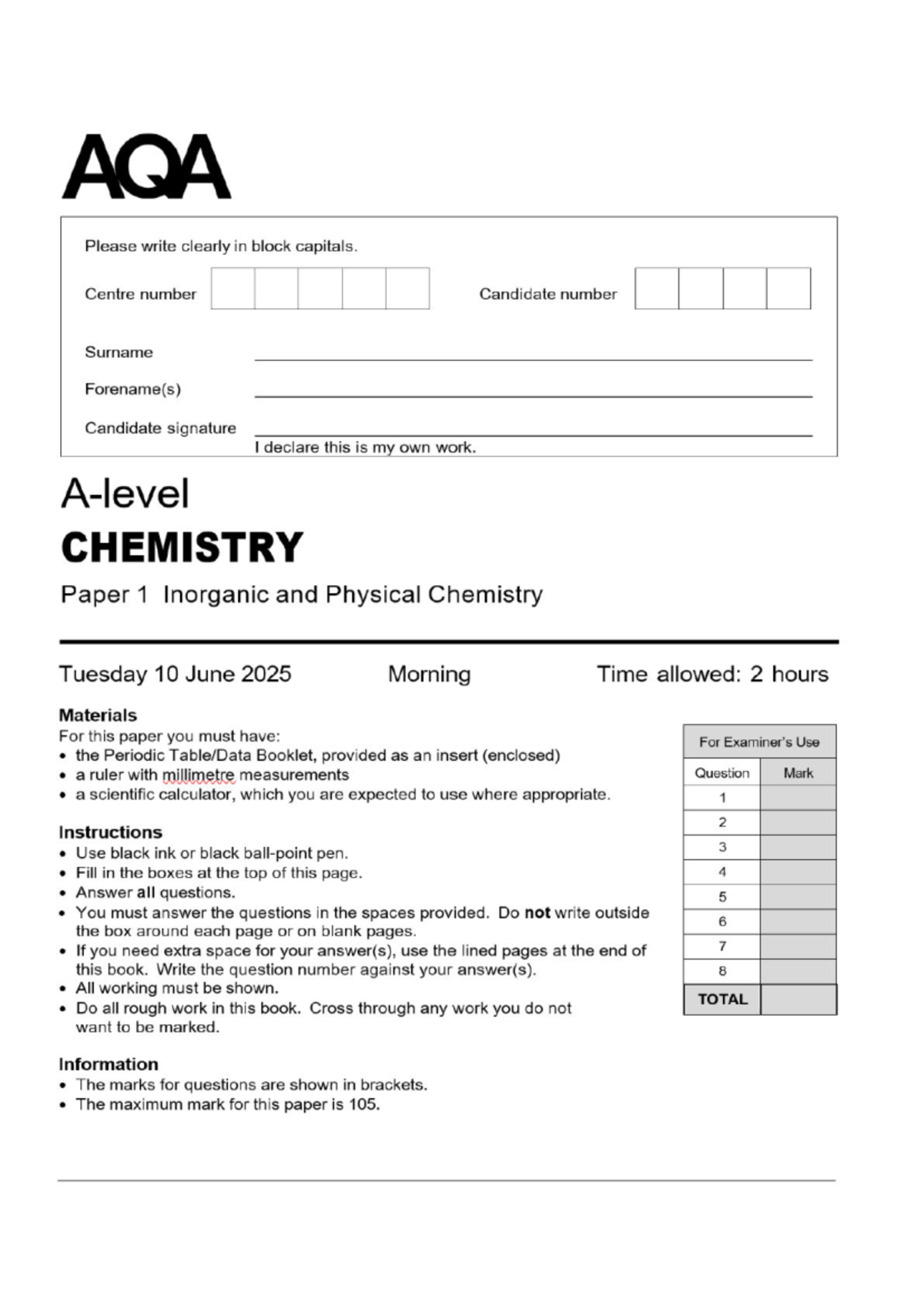 AQA Paper 1 2025 QP: Alkaline Fuel Cell Reactions Explained - Studocu
