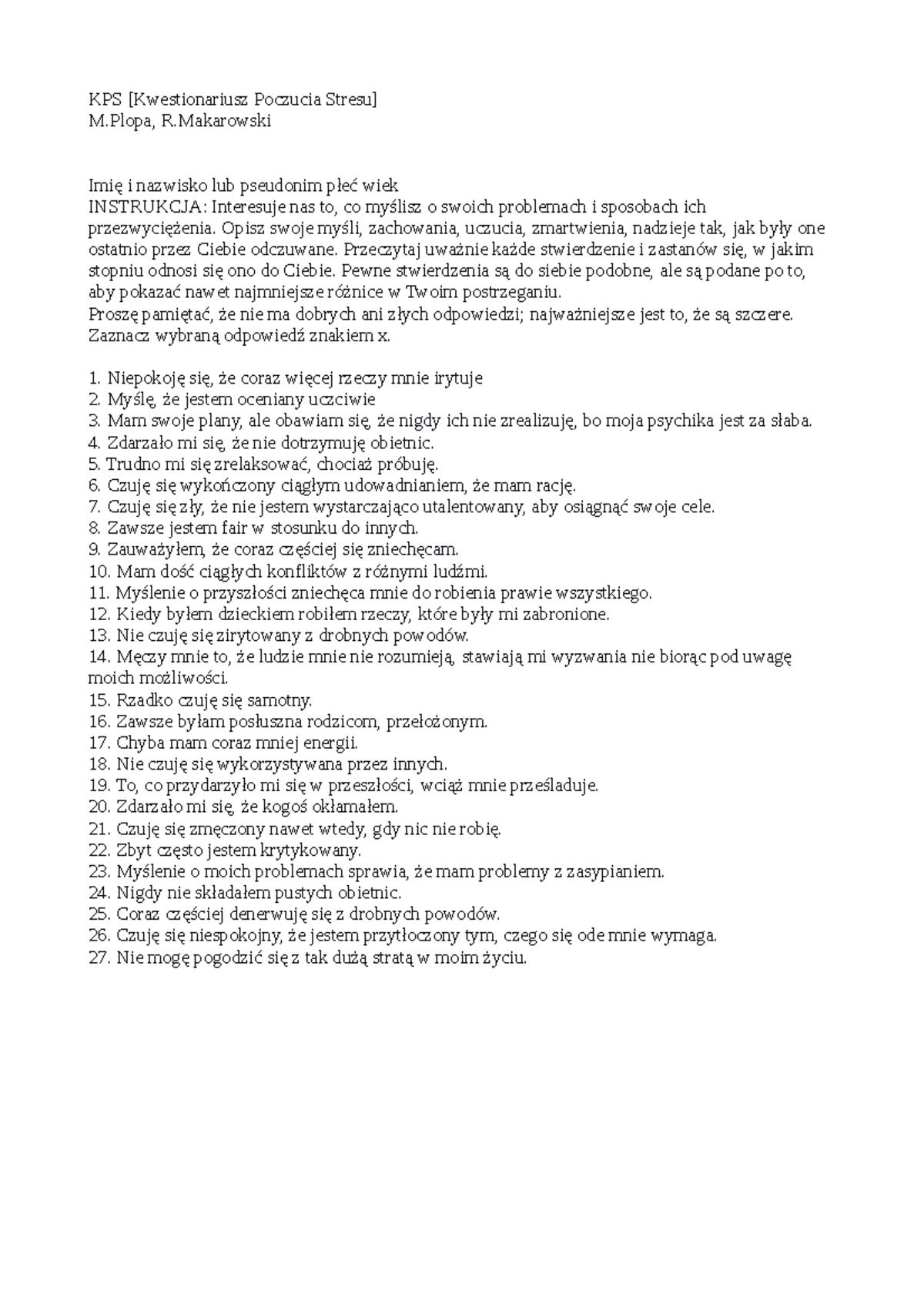 KPS - Kwestionariusz Poczucia Stresu - M.Plopa, R.Makarowski - Studocu