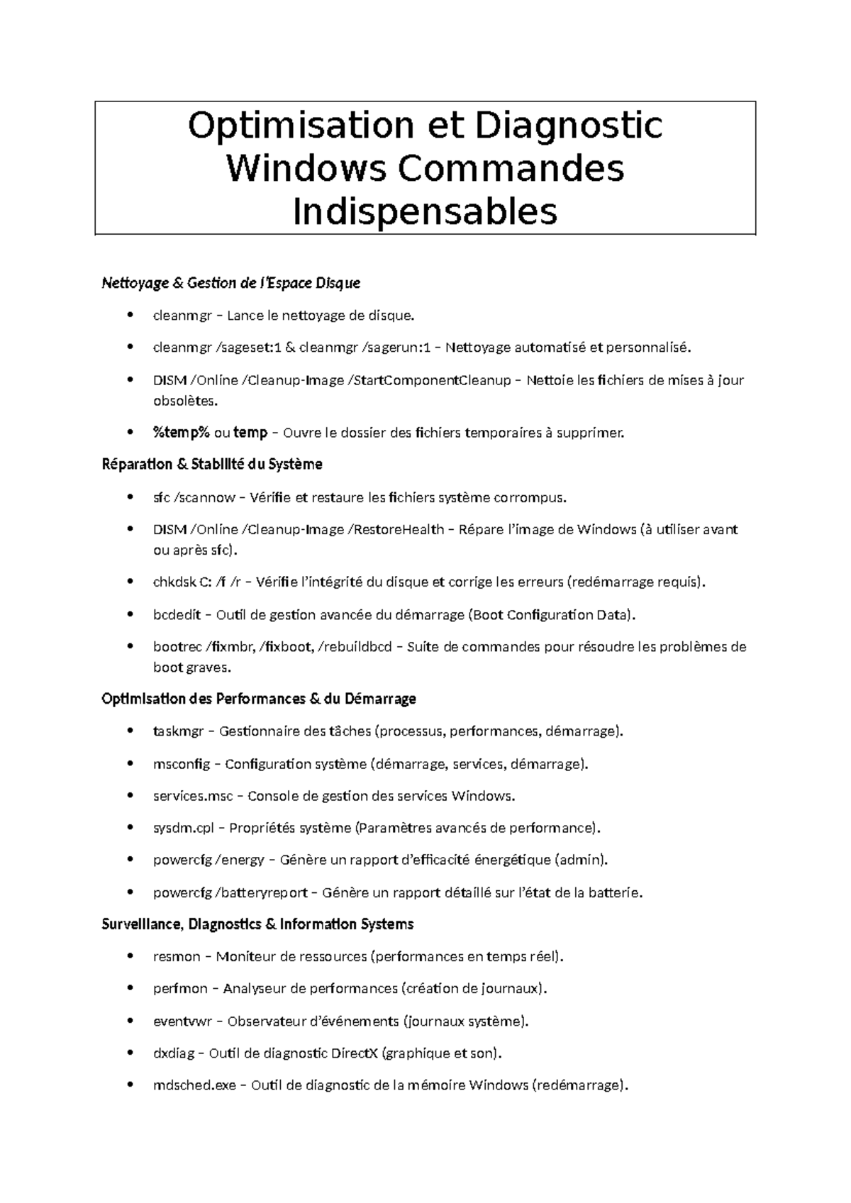 Optimisation et Diagnostic Windows : Commandes Indispensables - Studocu