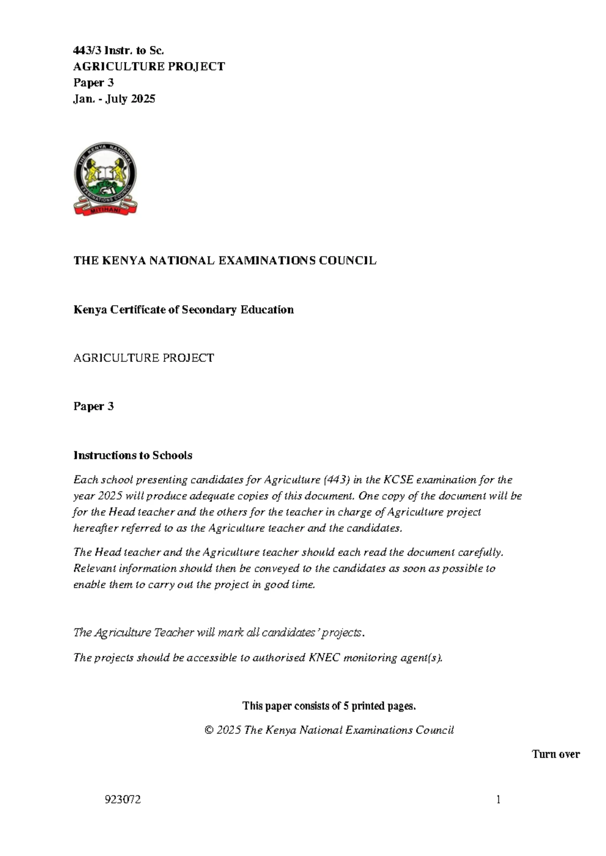 2025 KCSE Agriculture Project Paper 3 Instructions to Schools (443 ...