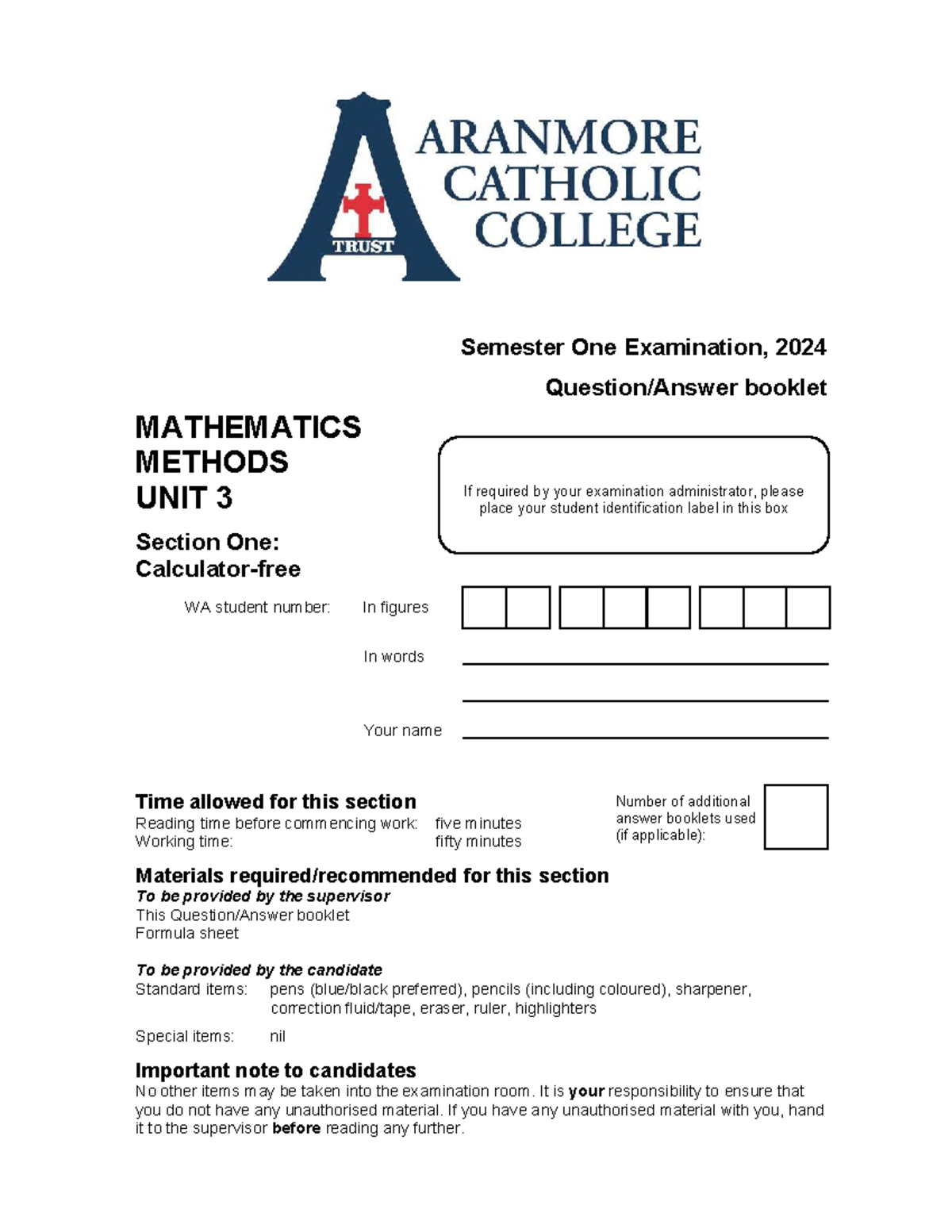 MATHEMATICS METHODS UNIT 3 Semester One Exam 2024 Booklet - Studocu