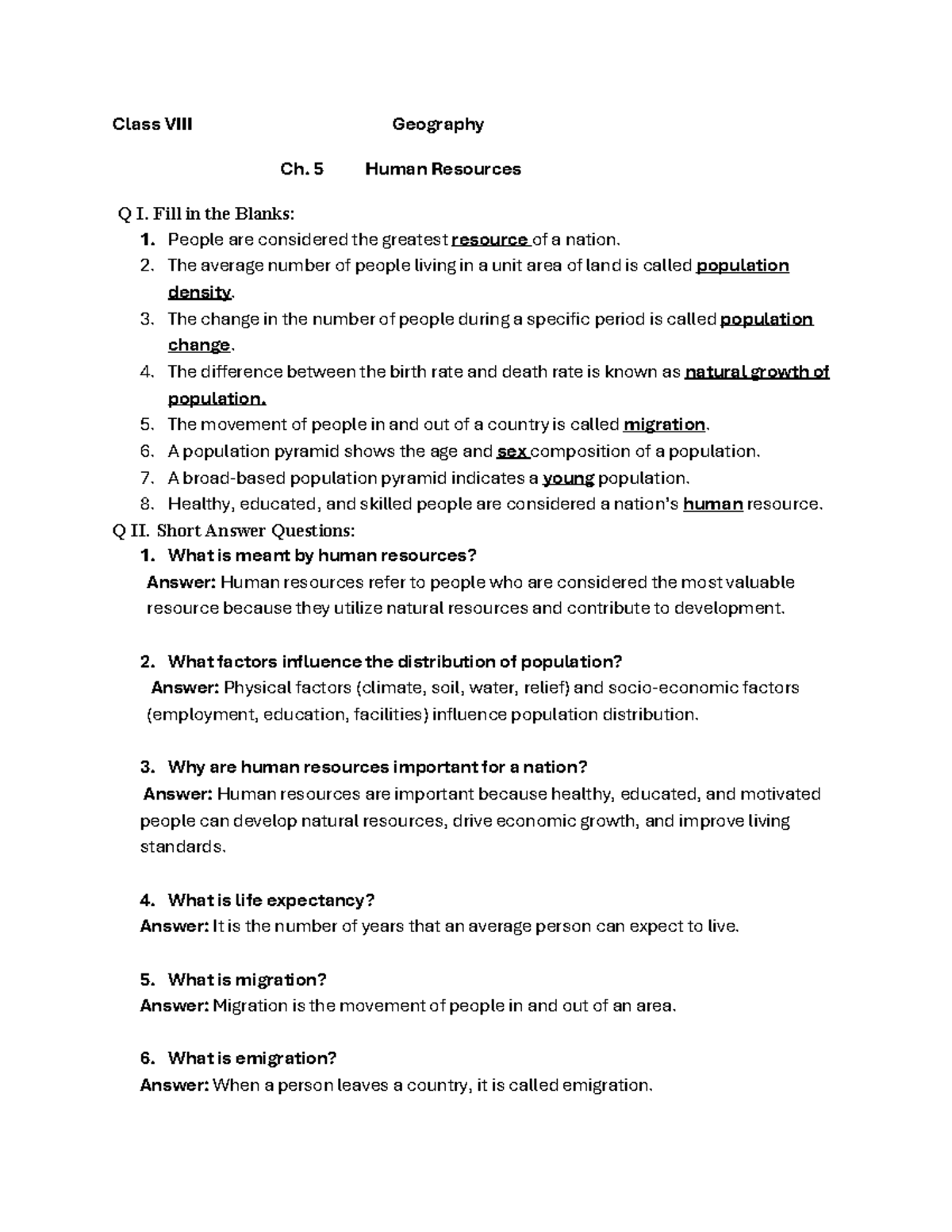 Class VIII Geography Ch. 5 Human Resources Study Notes - Studocu